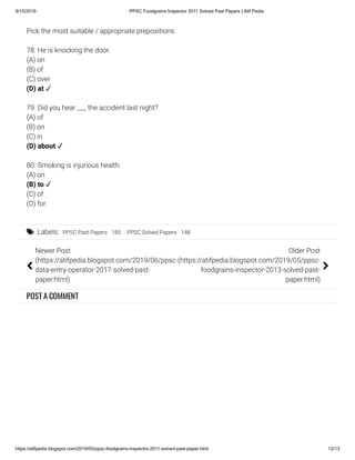 Ppsc foodgrains inspector 2011 solved past papers atif pedia | PDF ...