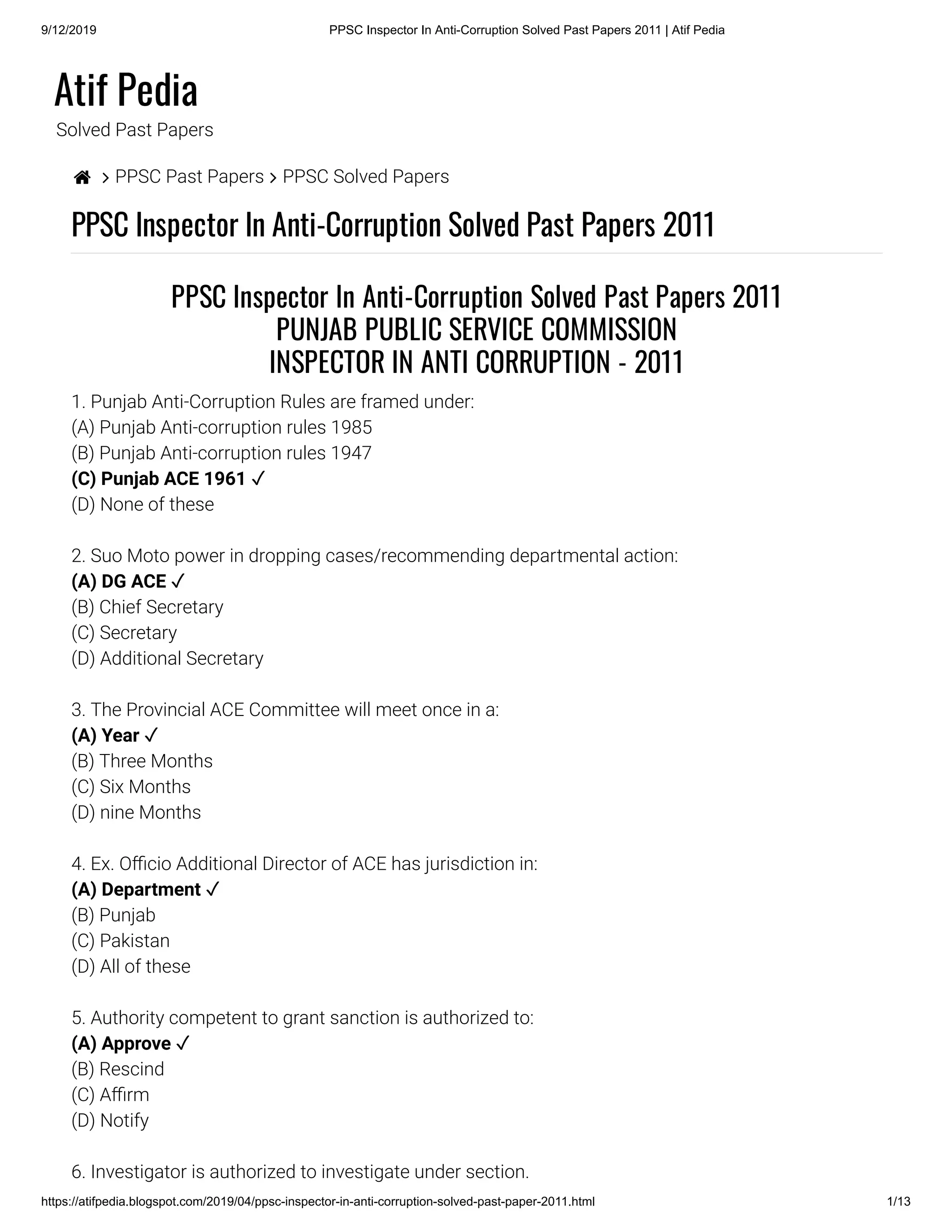 Ppsc inspector in anti corruption solved past papers 2011 atif pedia | PDF