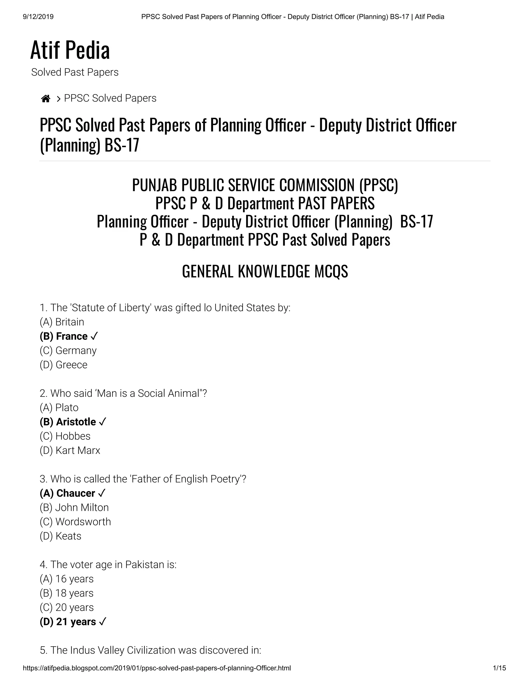 Ppsc solved past papers of planning officer deputy district officer (planning) bs-17 atif pedia ...