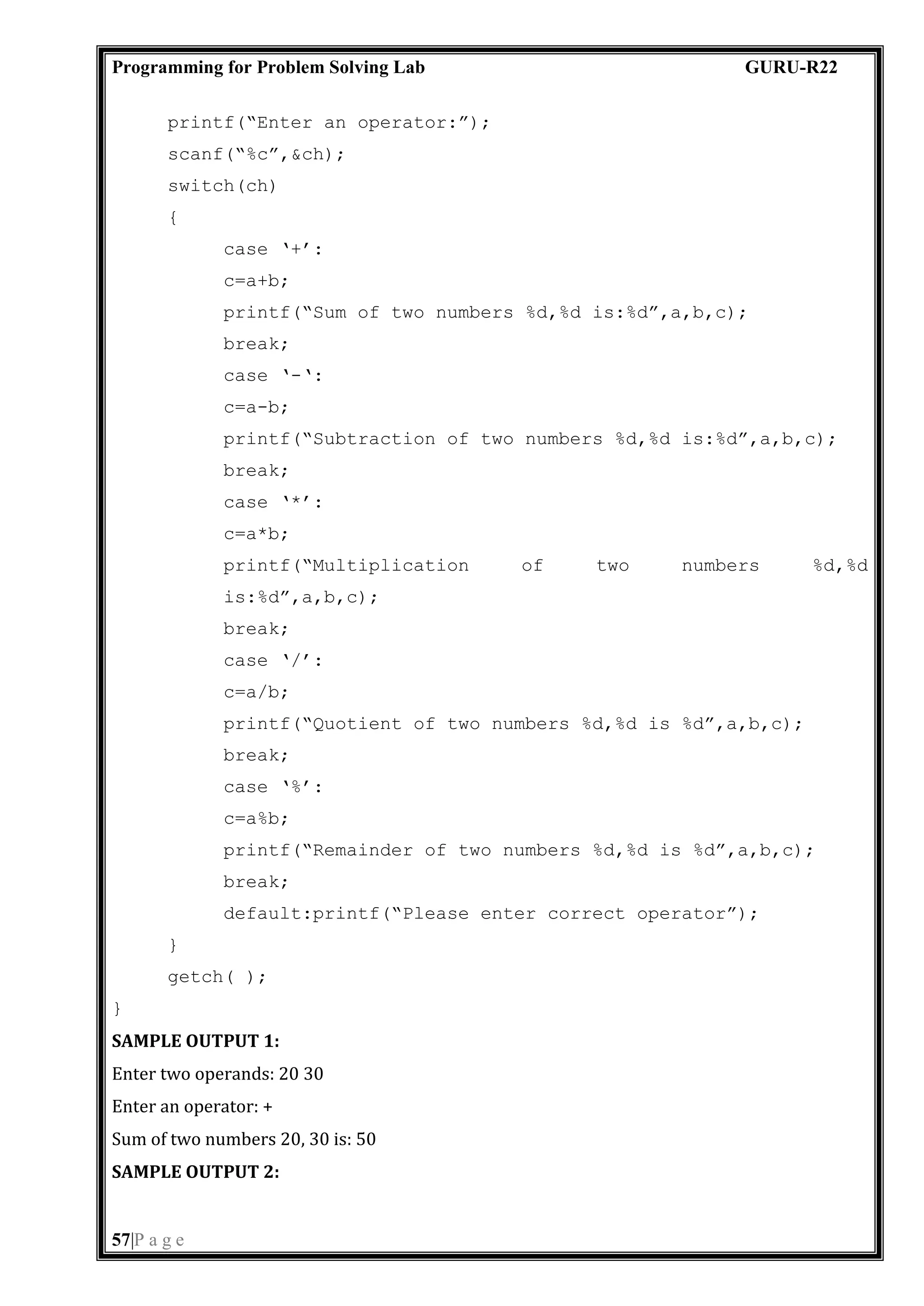 PPS_Lab_Manual_2023-24[1] of Programming for problem solving | PDF