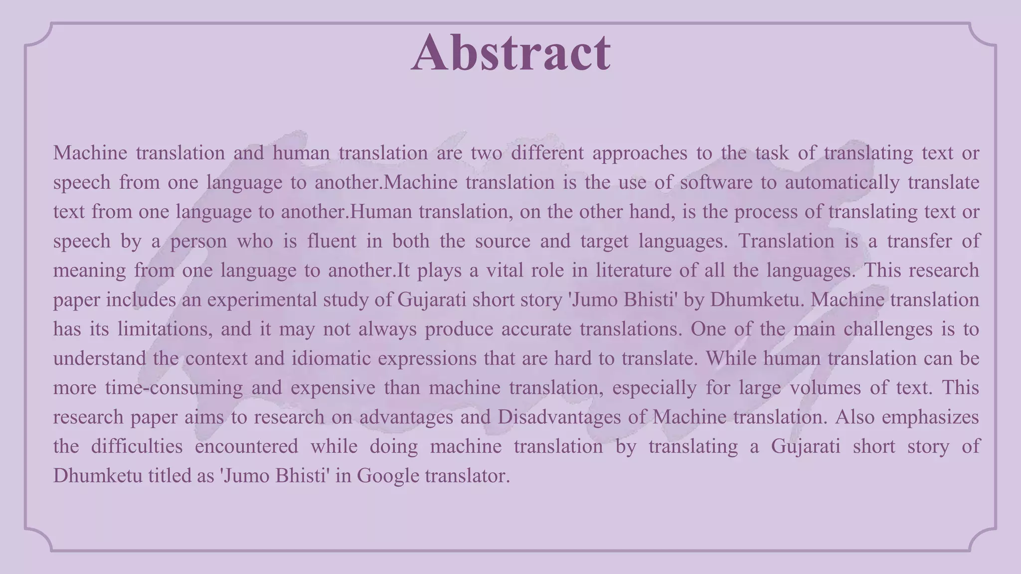 Machine Translation and Human Translation in Jumo Bhisti by Dhumketu ...