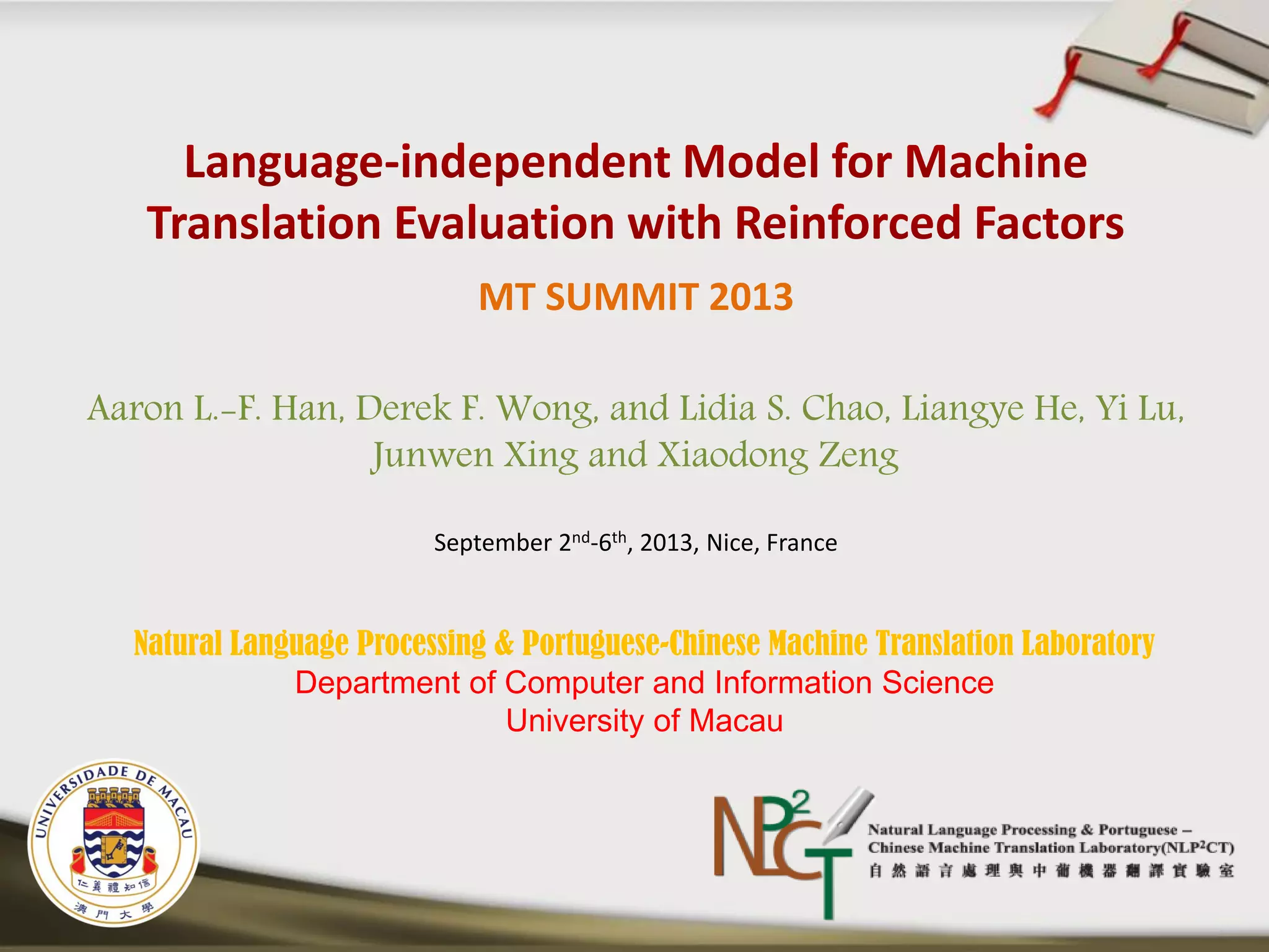 MT SUMMIT PPT: Language-independent Model for Machine Translation ...