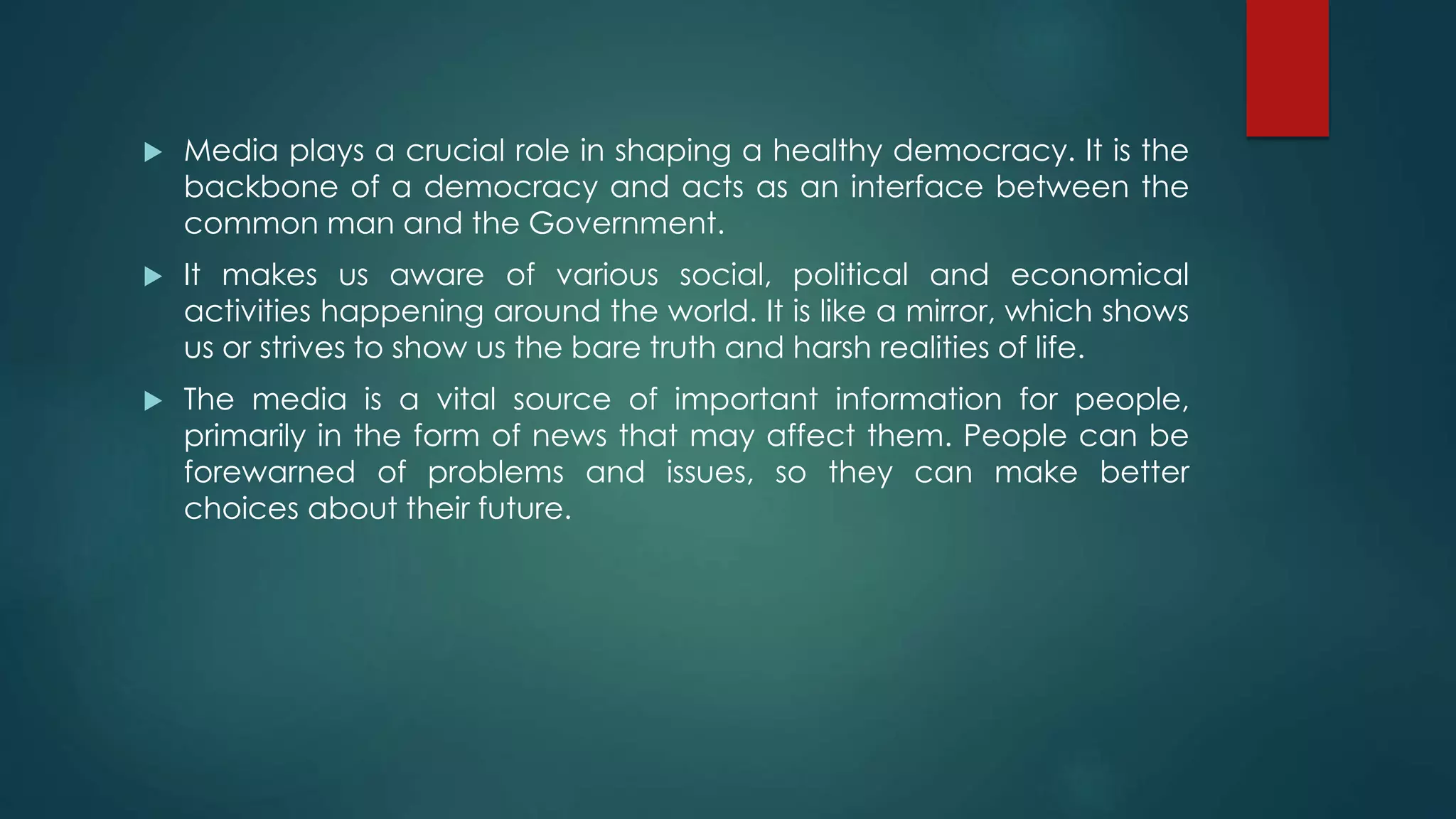 Role of Media in Democracy | PPTX | Civic affairs | Politics
