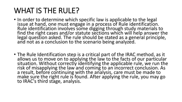 PPT-IRAC METHOD (ISSUE, RULE, ANALYSIS, AND CONCLUSION) | PDF