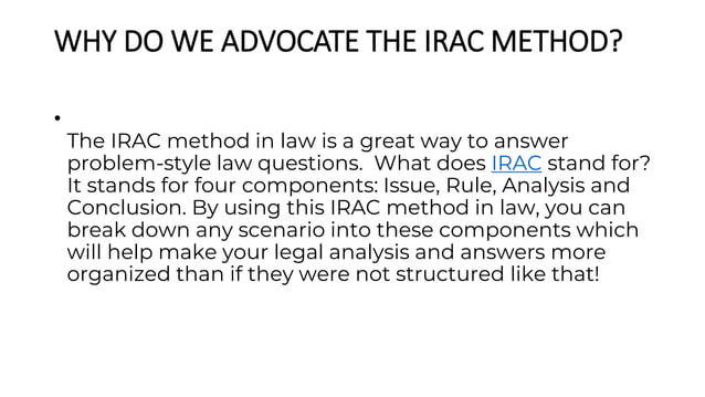 PPT-IRAC METHOD (ISSUE, RULE, ANALYSIS, AND CONCLUSION) | PDF