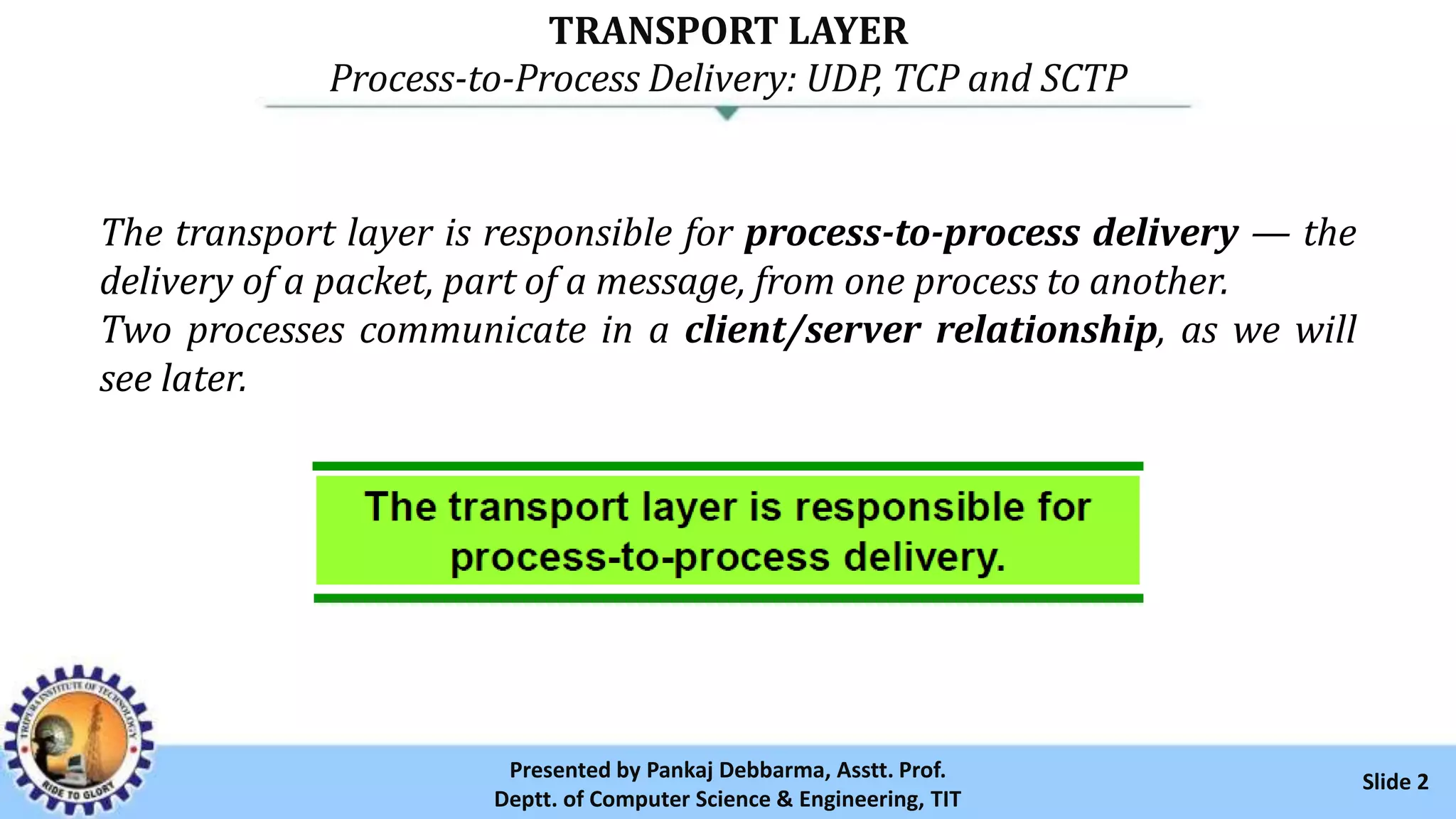 Transport Layer Process To Process Delivery Udp Tcp And Sctp Ppsx