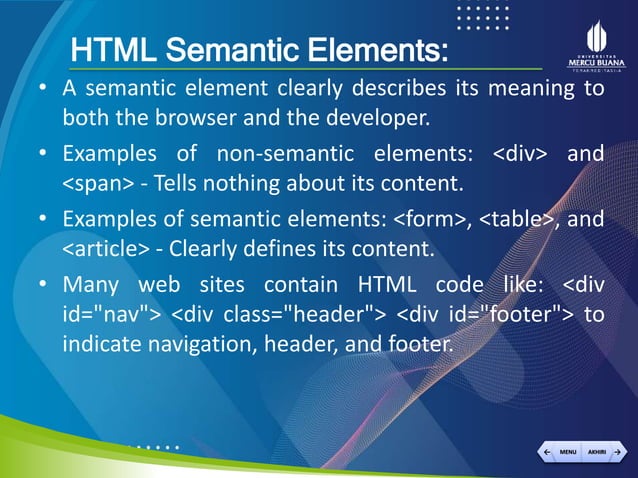 PRESENTASI PPT 10 Semantic Elements.pptx | Web Design and HTML | Internet