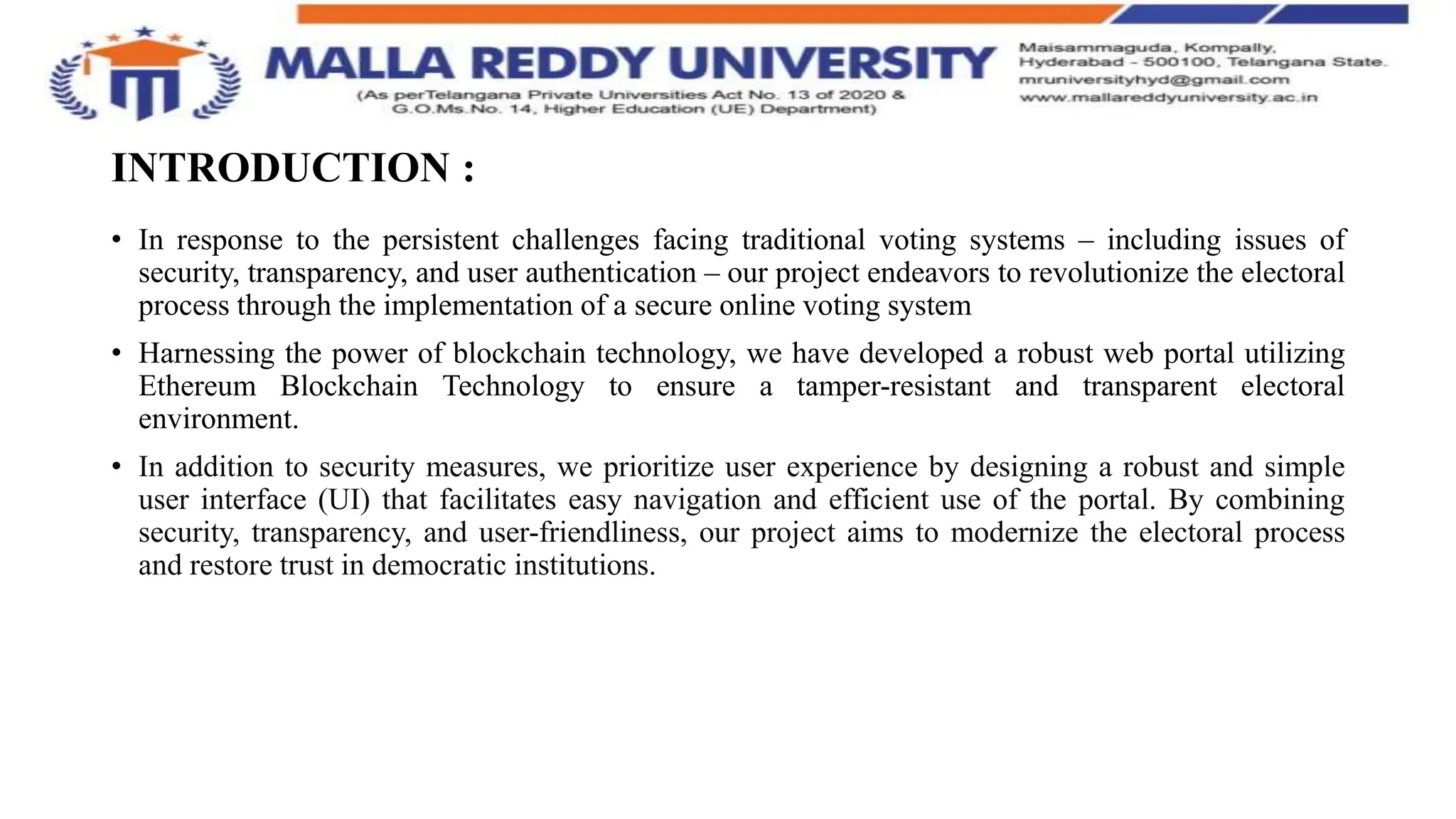 Blockchain Enabled Voting System Major Project | PPTX