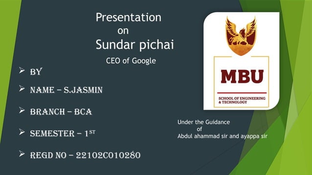 presentation about the google CEO ,Sundar Pichai | PPTX