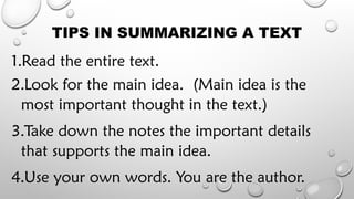 SUMMARIZING KEY INFORMATION GRADE 7 ENGL | PPTX