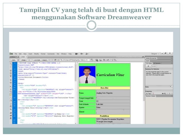 Membuat Curriculum Vitae dengan HTML Meggunakan Software Dreamweaver | PPT