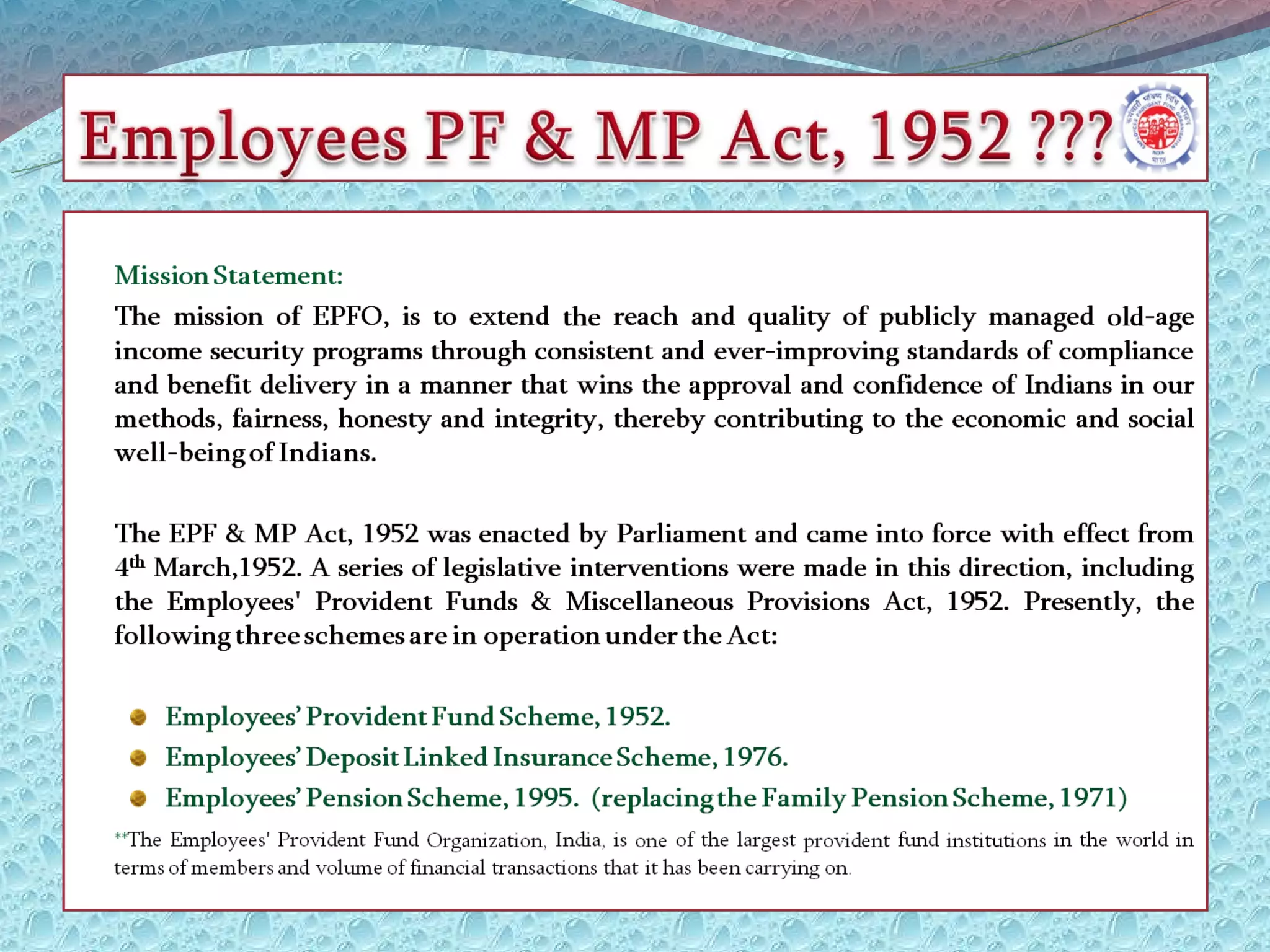 PPT on "Provident Fund & MP Act 1952" of India. | PPSX