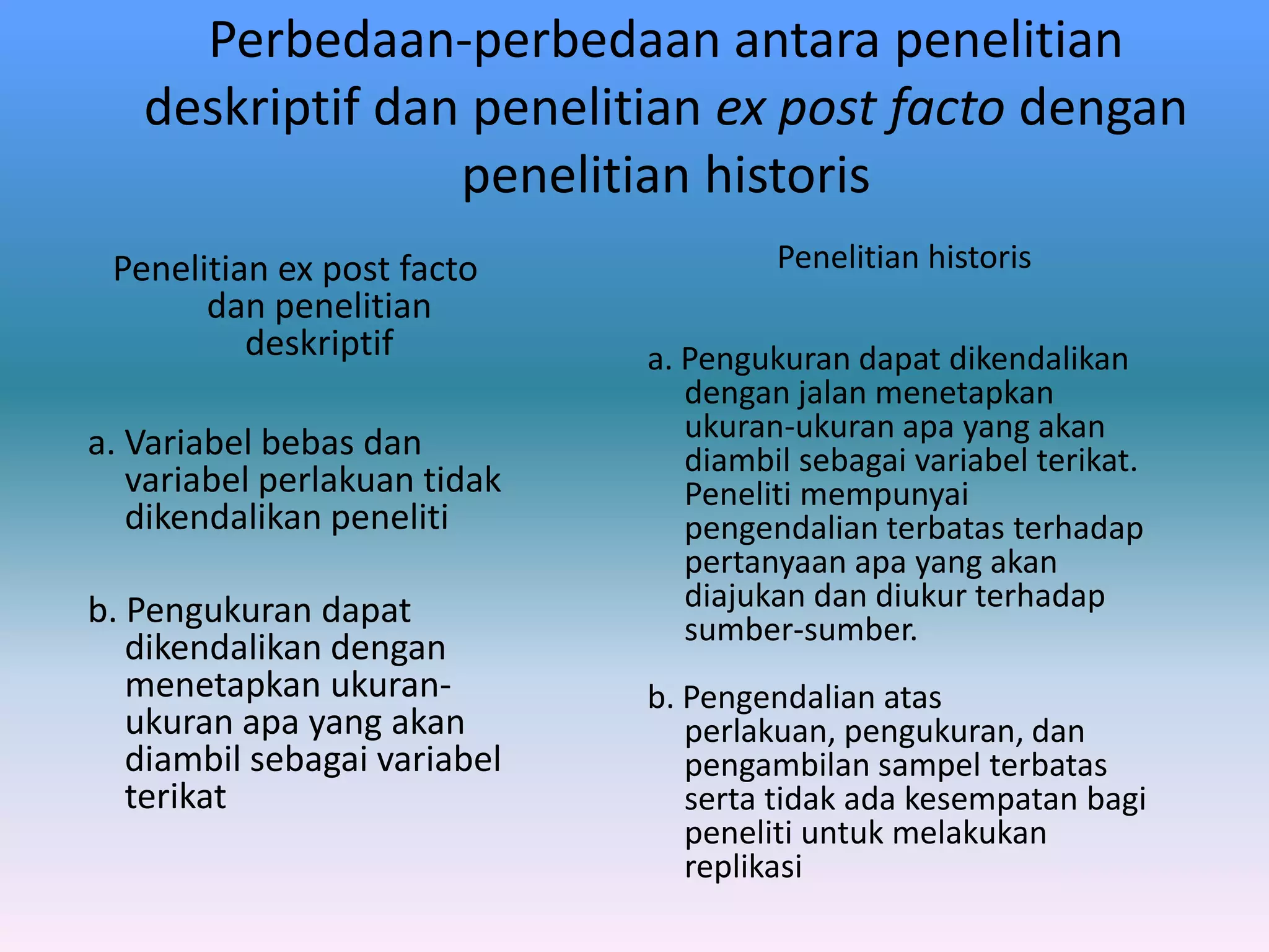 penelitian ex post facto, deskriptif, historis | PPTX