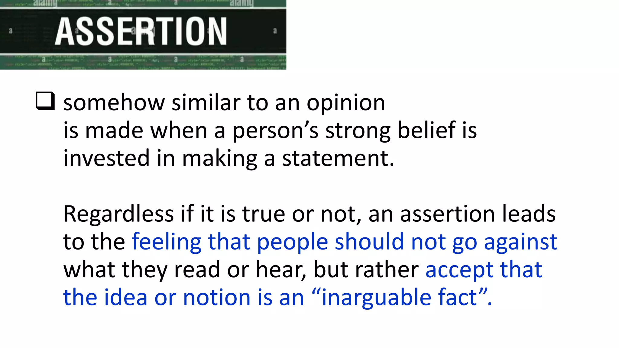 Opinion and Assertion Detailed Lesson Plan | PPTX