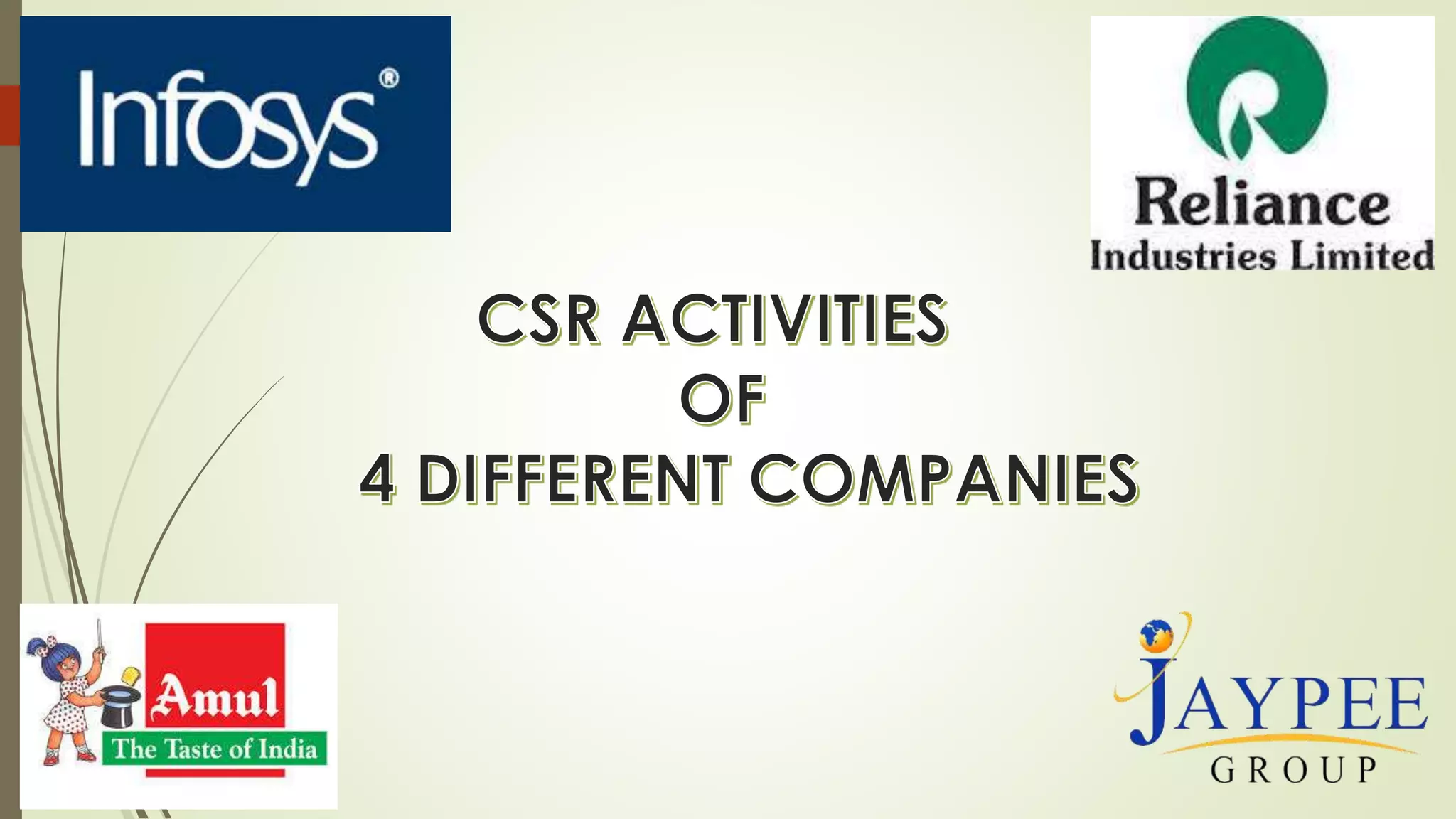 csr activities of 4 different companies | PPTX