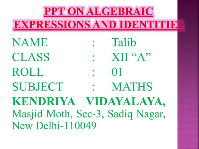 PPT on algebraic expressions and identities | PPT