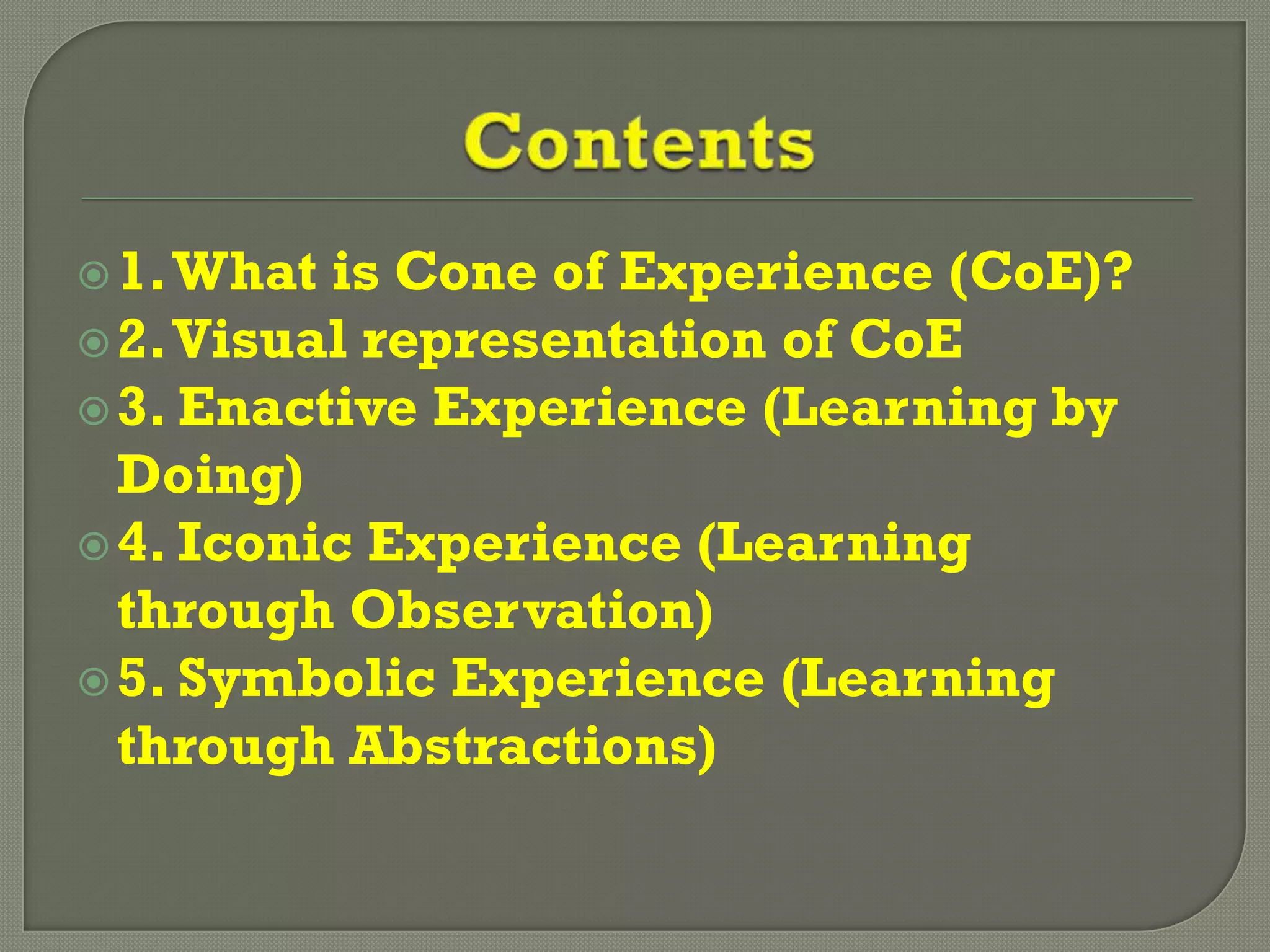 Presentation on Edgar Dale's Cone of Experience (audio visual aids) | PDF