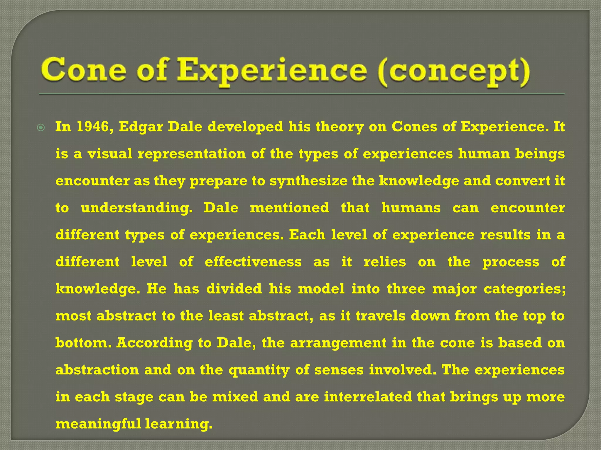 Presentation on Edgar Dale's Cone of Experience (audio visual aids) | PDF
