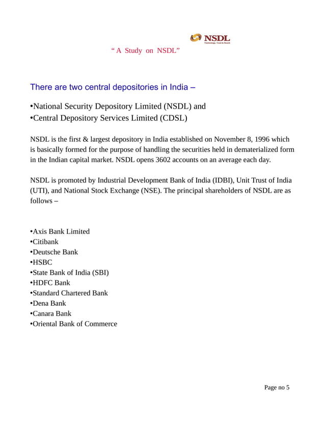 PRESENTATION ON “ NSDL ’’ | PDF | Stocks and Bonds | Personal Investing