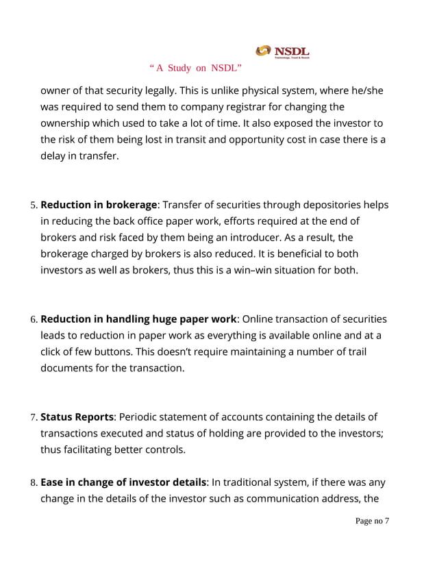 PRESENTATION ON “ NSDL ’’ | PDF | Stocks and Bonds | Personal Investing