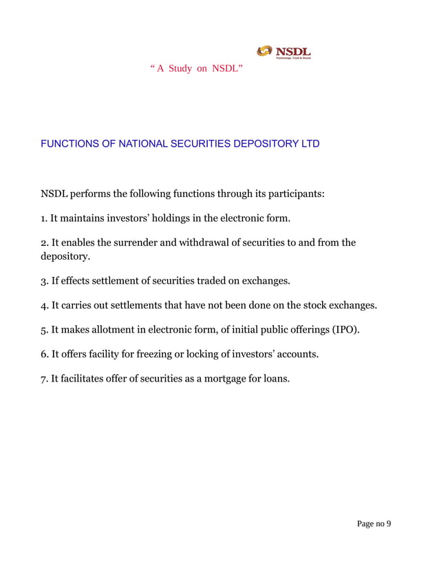 PRESENTATION ON “ NSDL ’’ | PDF | Stocks and Bonds | Personal Investing