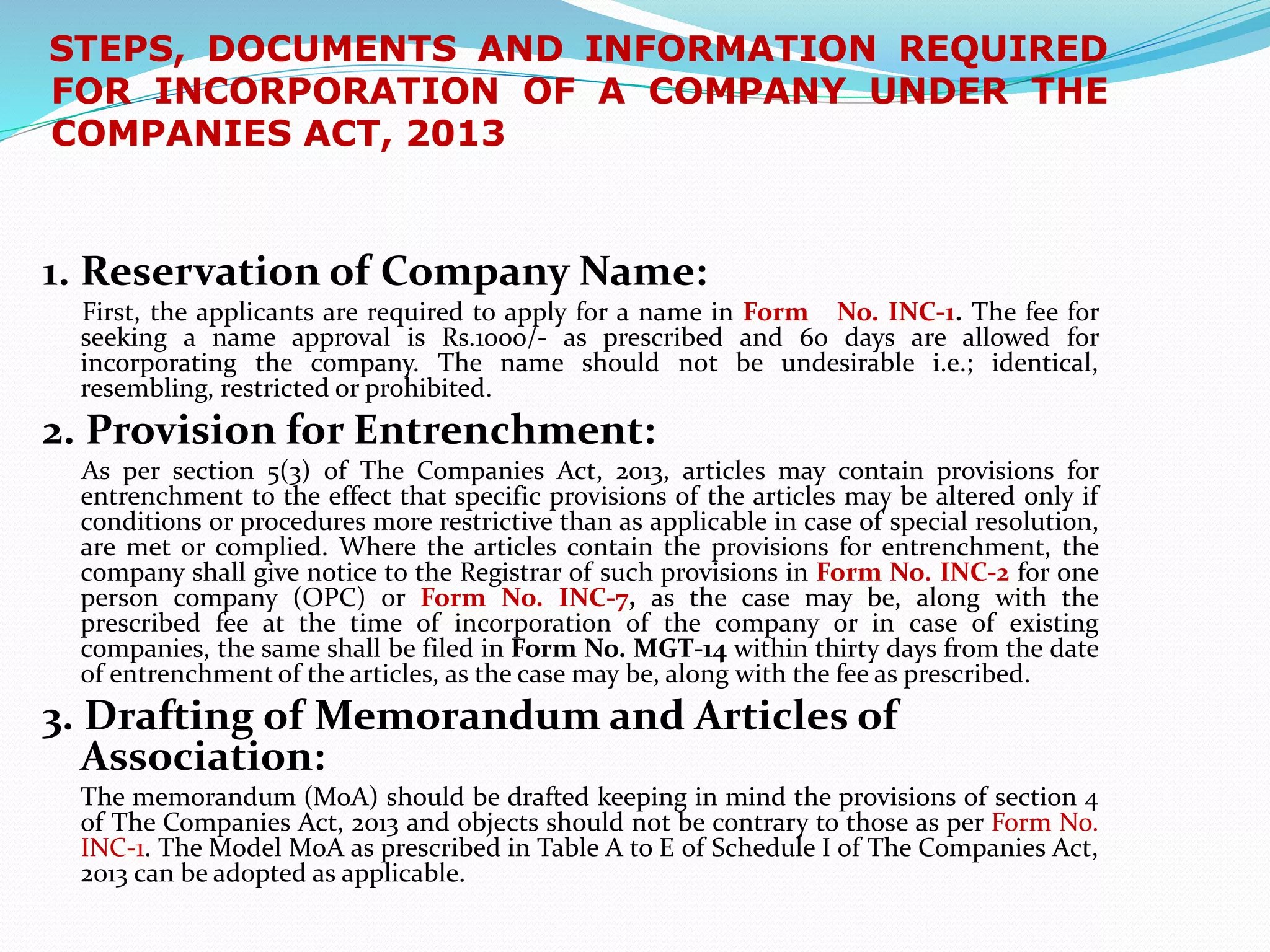 Ppt on incorporation of company as per new company act, 2013 (updated ...