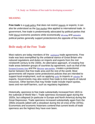 PRESENTATION ON PROBLEMS OF FREE TRADE FOR DEVELOPING ECONOMIES | PDF