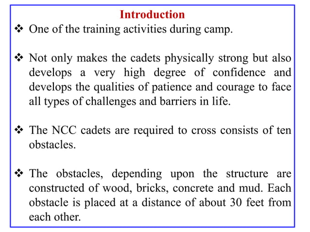 NCC Obstacle Training : Lt. Cdr. M. Arokiasamy | PPTX | Track and Field ...