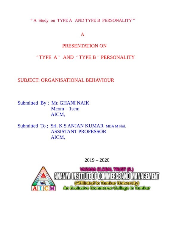 PRESENTATION ON ‘ TYPE A ’ AND ‘ TYPE B ’ PERSONALITY | PDF