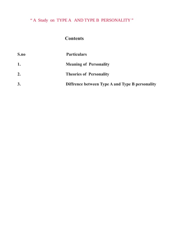 PRESENTATION ON ‘ TYPE A ’ AND ‘ TYPE B ’ PERSONALITY | PDF
