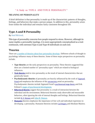 PRESENTATION ON ‘ TYPE A ’ AND ‘ TYPE B ’ PERSONALITY | PDF