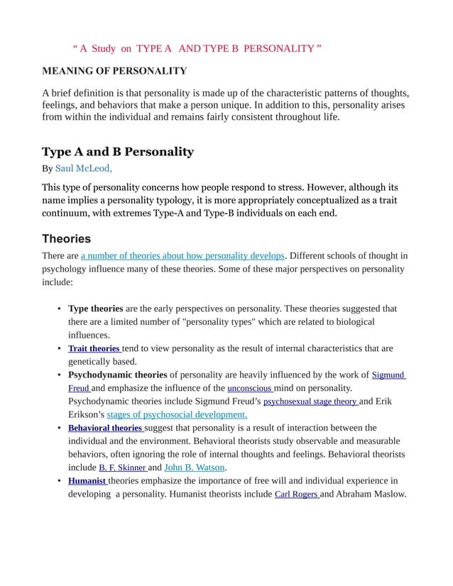 PRESENTATION ON ‘ TYPE A ’ AND ‘ TYPE B ’ PERSONALITY | PDF