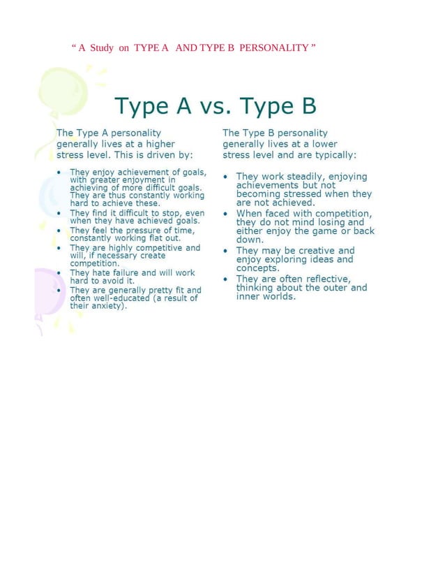 PRESENTATION ON ‘ TYPE A ’ AND ‘ TYPE B ’ PERSONALITY | PDF