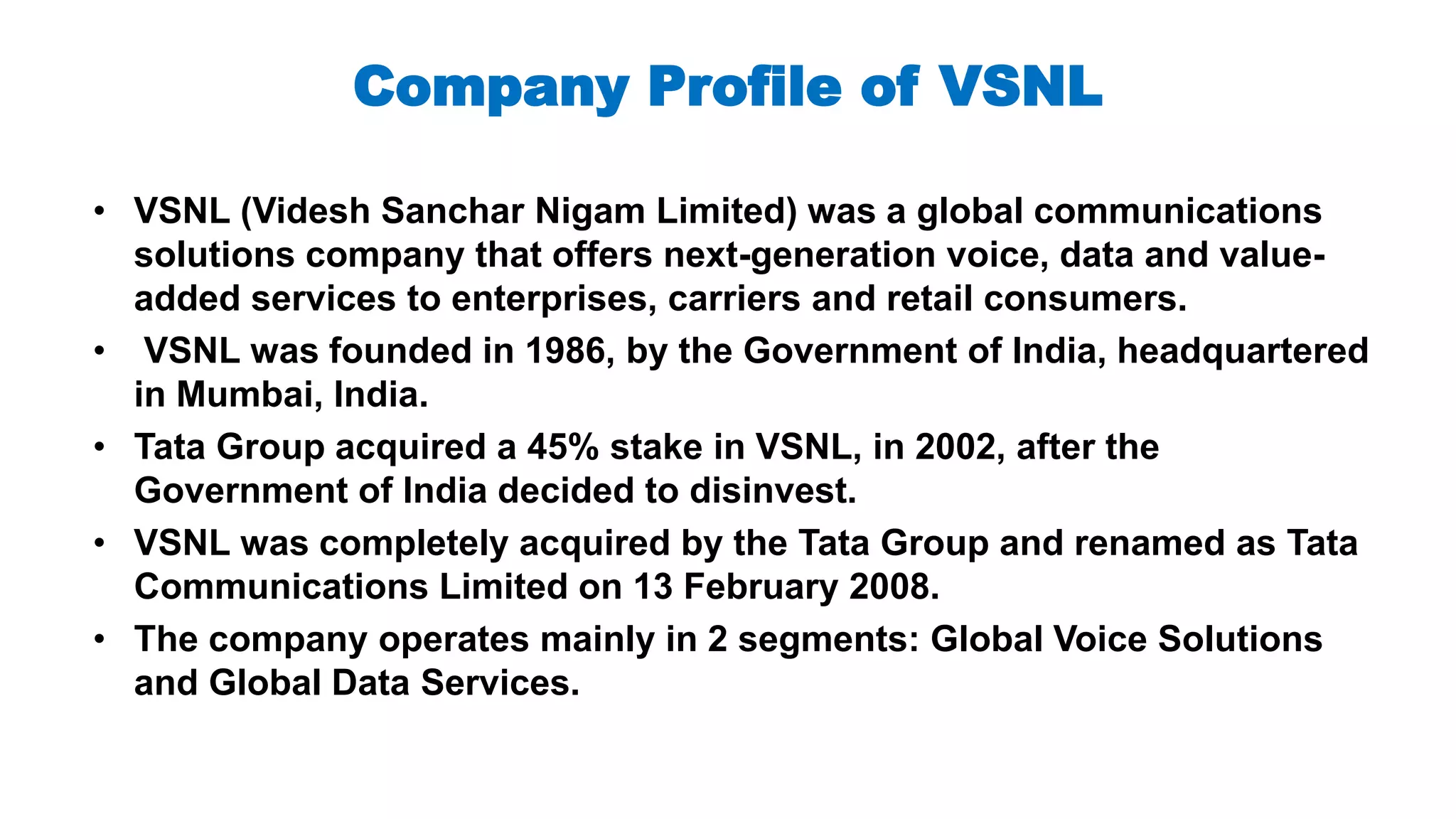 VSNL Presentation (Videsh Sanchar Nigam Limited) | PPTX