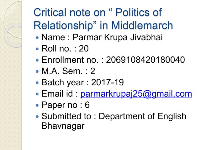 critical note on " politics of Relationship " in middlemarch | PPT