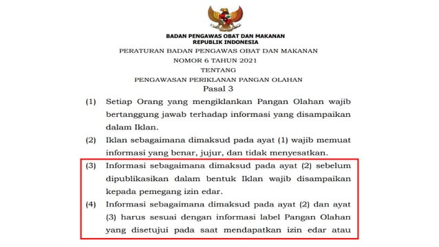 Pengawasan Iklan Pangan Olahan sesuai dengan Peraturan yang berlaku | PDF