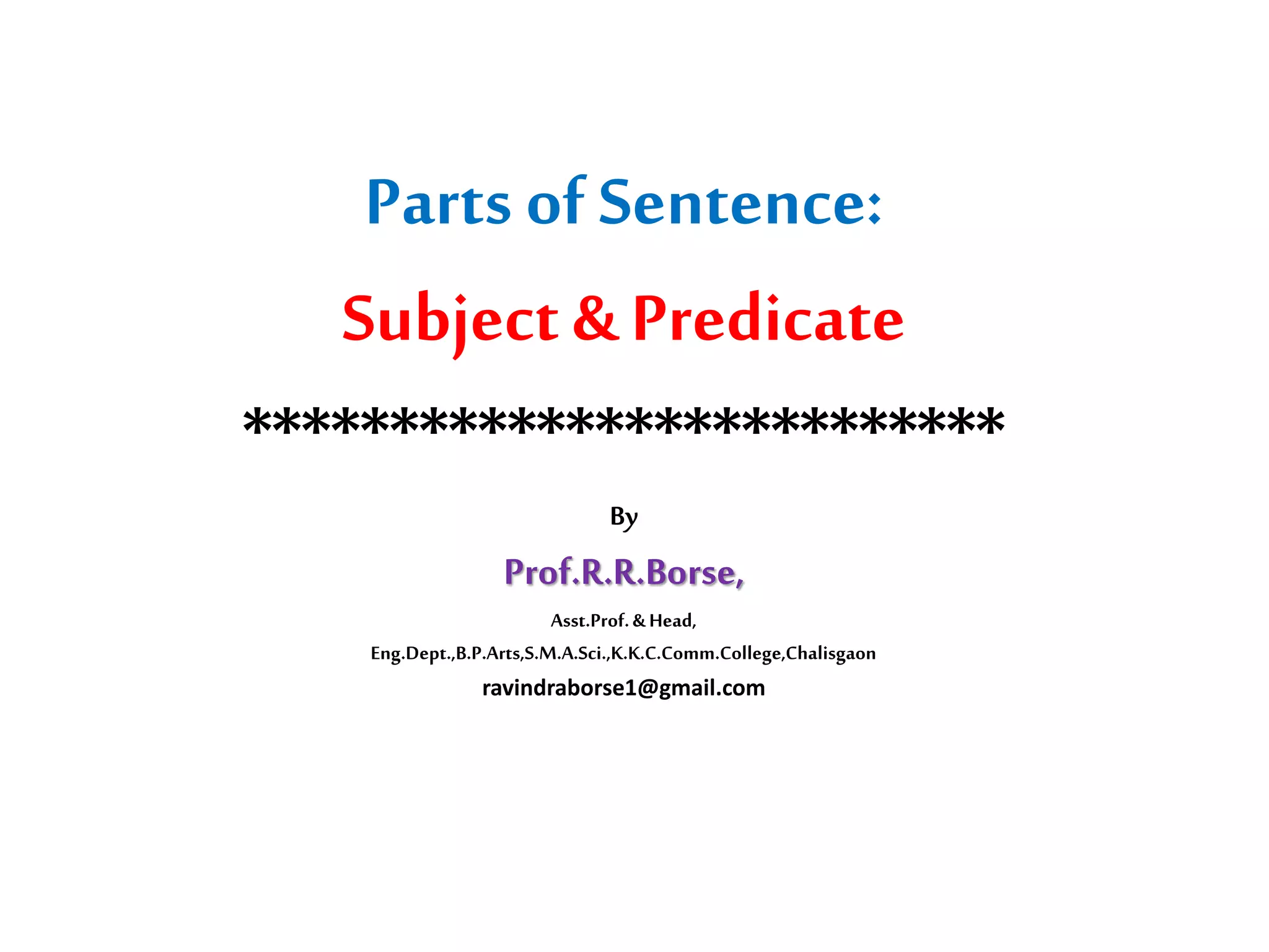 Parts of Sentence - Subject and Predicate | PPT