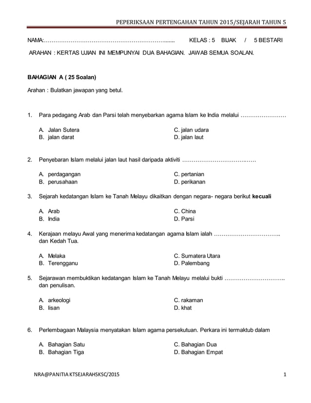 PEPERIKSAAN PERTENGAHAN TAHUN SEJARAH TAHUN 5 | DOCX