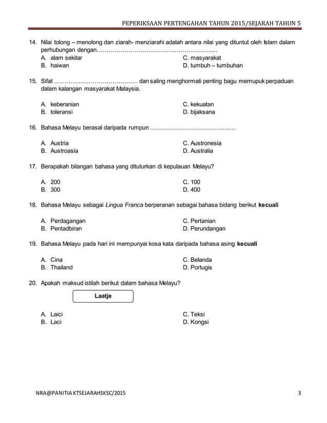 PEPERIKSAAN PERTENGAHAN TAHUN SEJARAH TAHUN 5 | DOCX