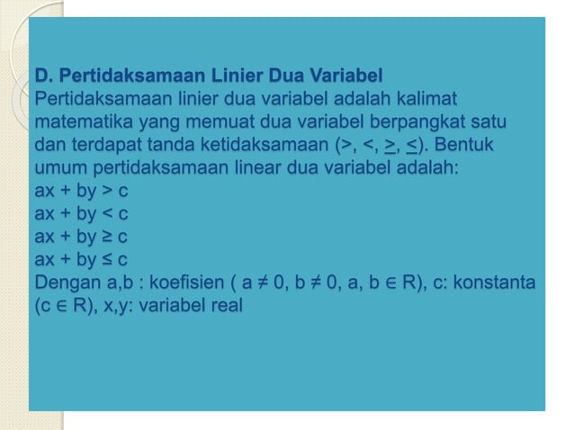 persamaan linier dan pertidaksamaan linier | PPT