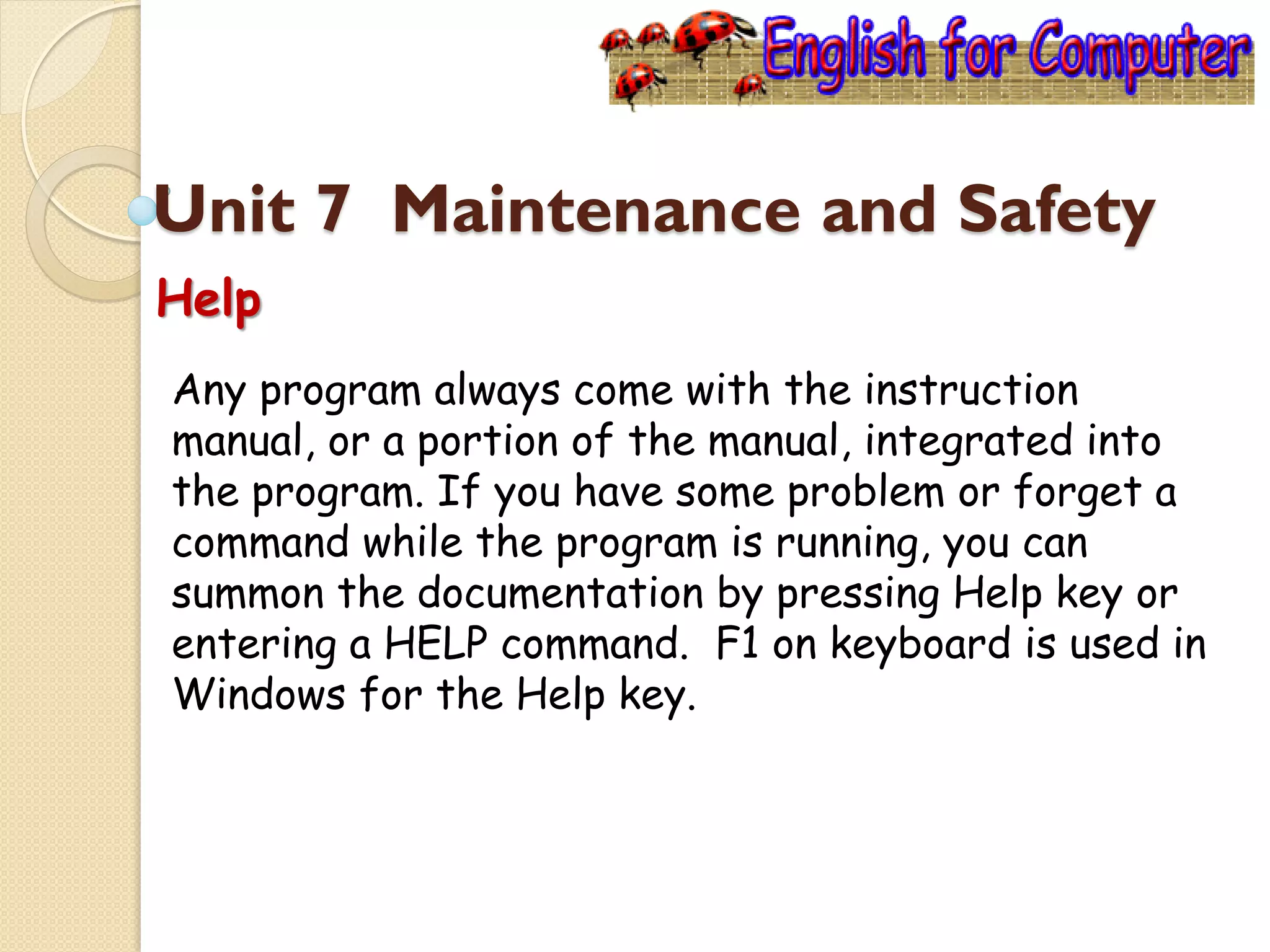 English for Computer Unit 7 Maintenance and Safety | PDF