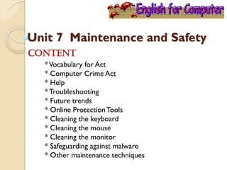 English for Computer Unit 7 Maintenance and Safety | PDF