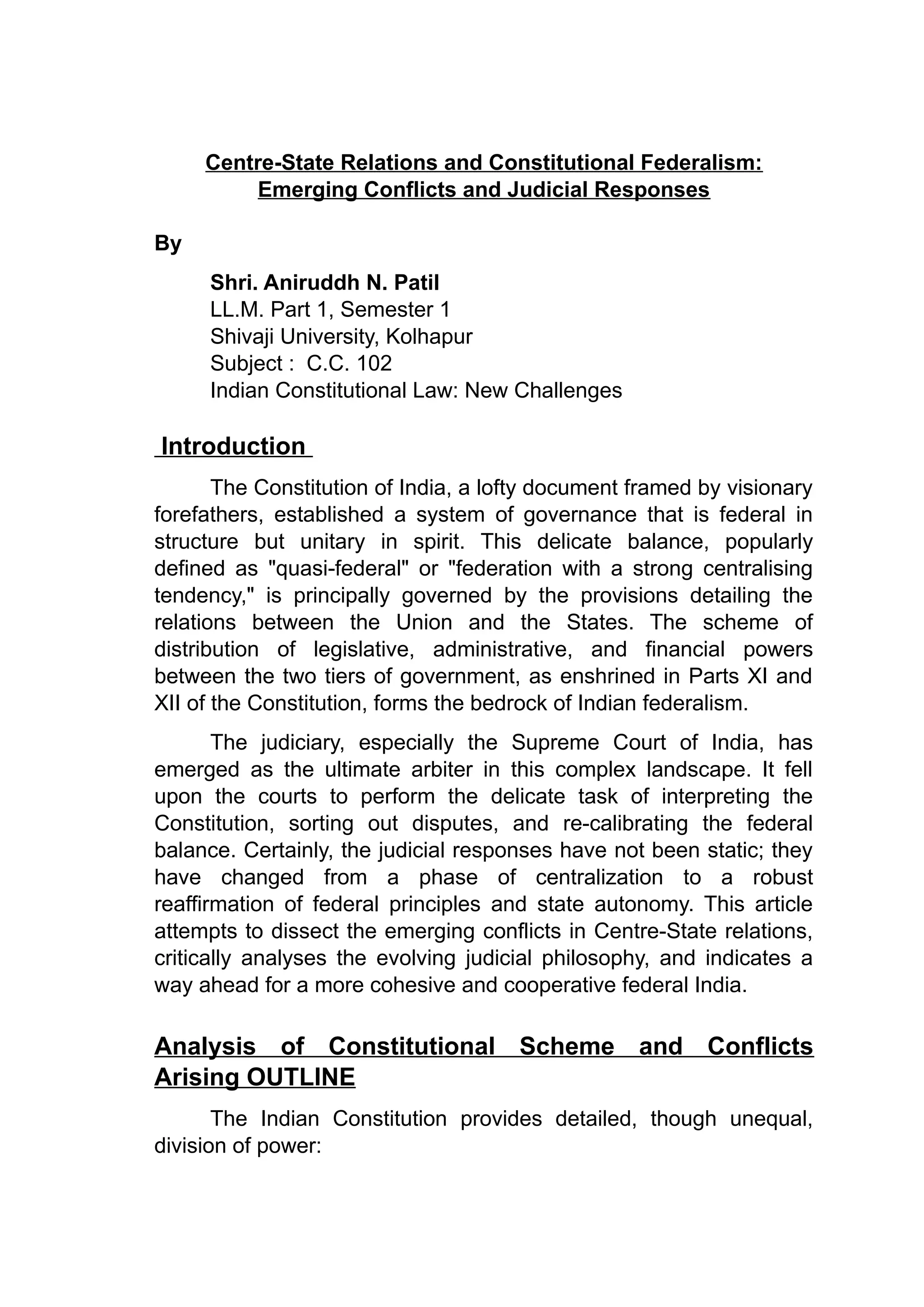 Centre-State Relations and Constitutional Federalism: Emerging ...