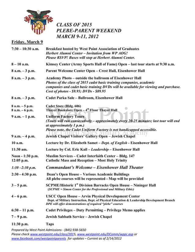 Plebe-Parent Weekend Schedule | PDF