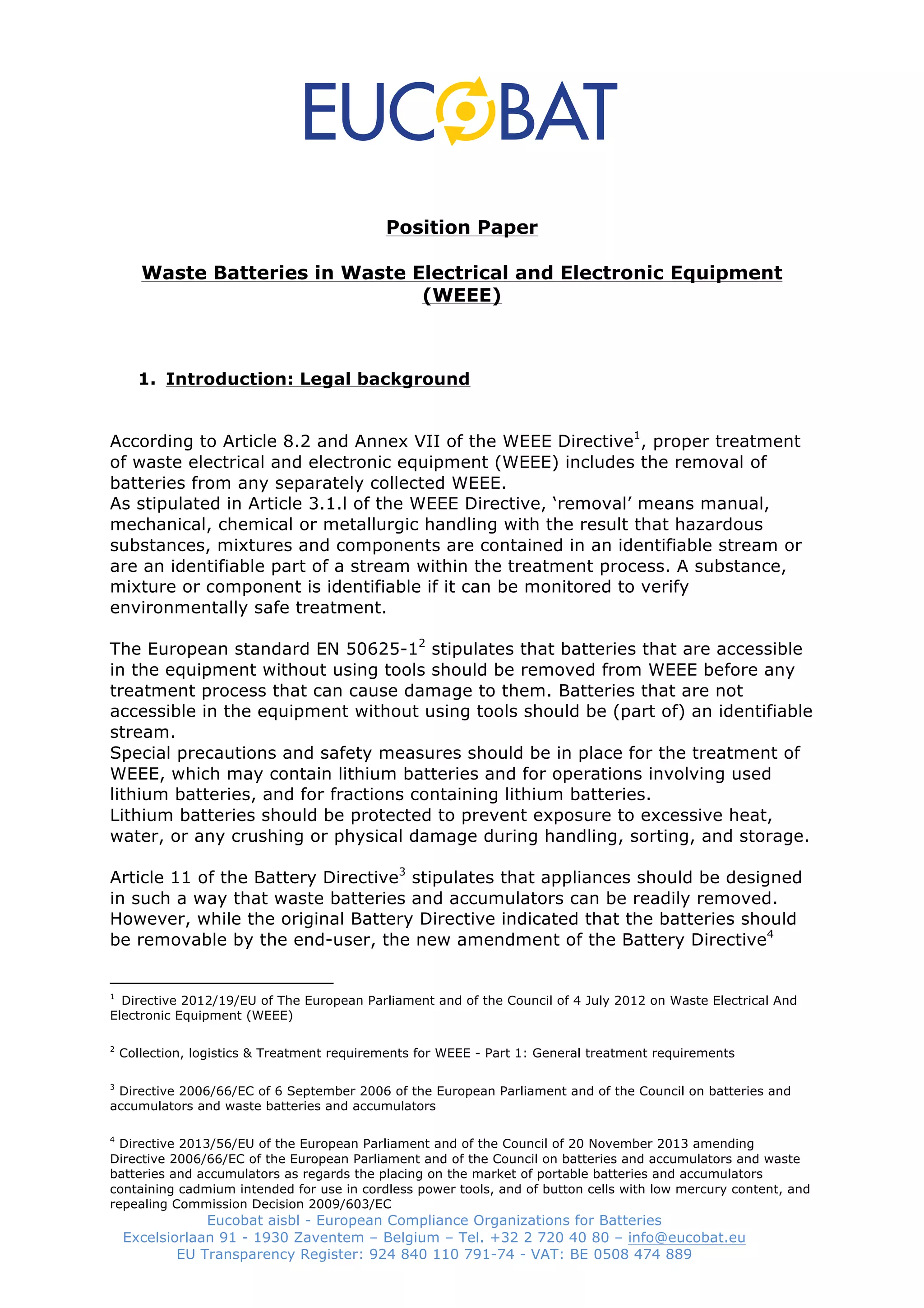 Eucobat Position Paper - Waste Batteries in Waste Electrical and ...