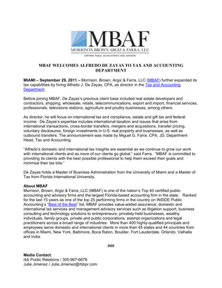 MBAF Welcomes Alfredo De Zayas to Tax and Accounting Department | PDF
