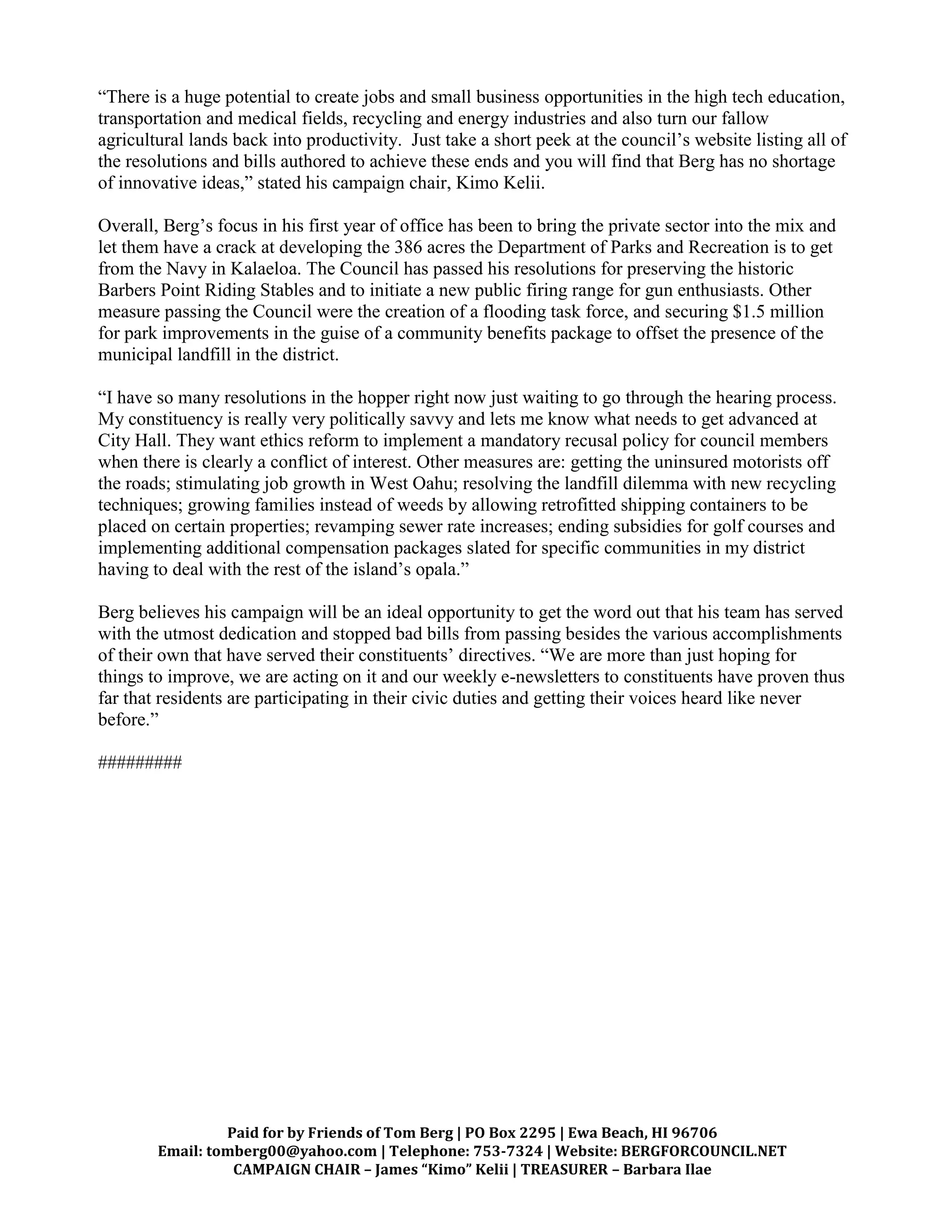 Tom Berg Re-election Announcement | DOCX