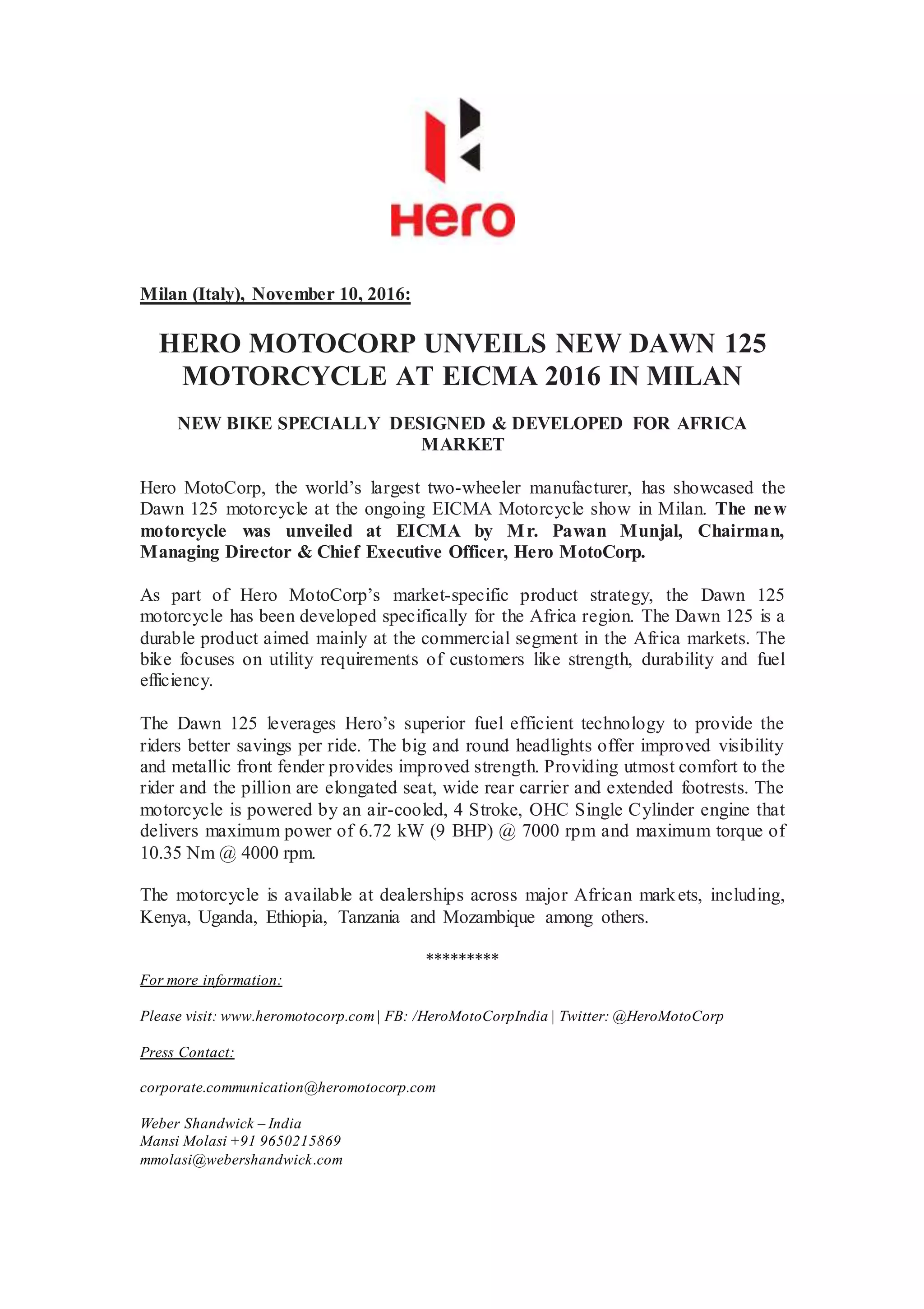 Hero Dawn 125 at 2016 EICMA | DOCX