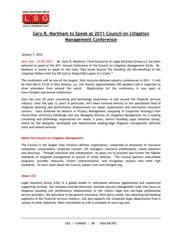 Gary R. Markham to Speak at 2011 Council on Litigation Management Conference | PDF | Legal ...