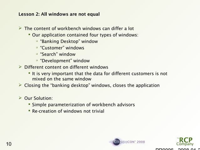 EclipseCon '08 - Lessons Learned from an Enterprise RCP Application | PPT